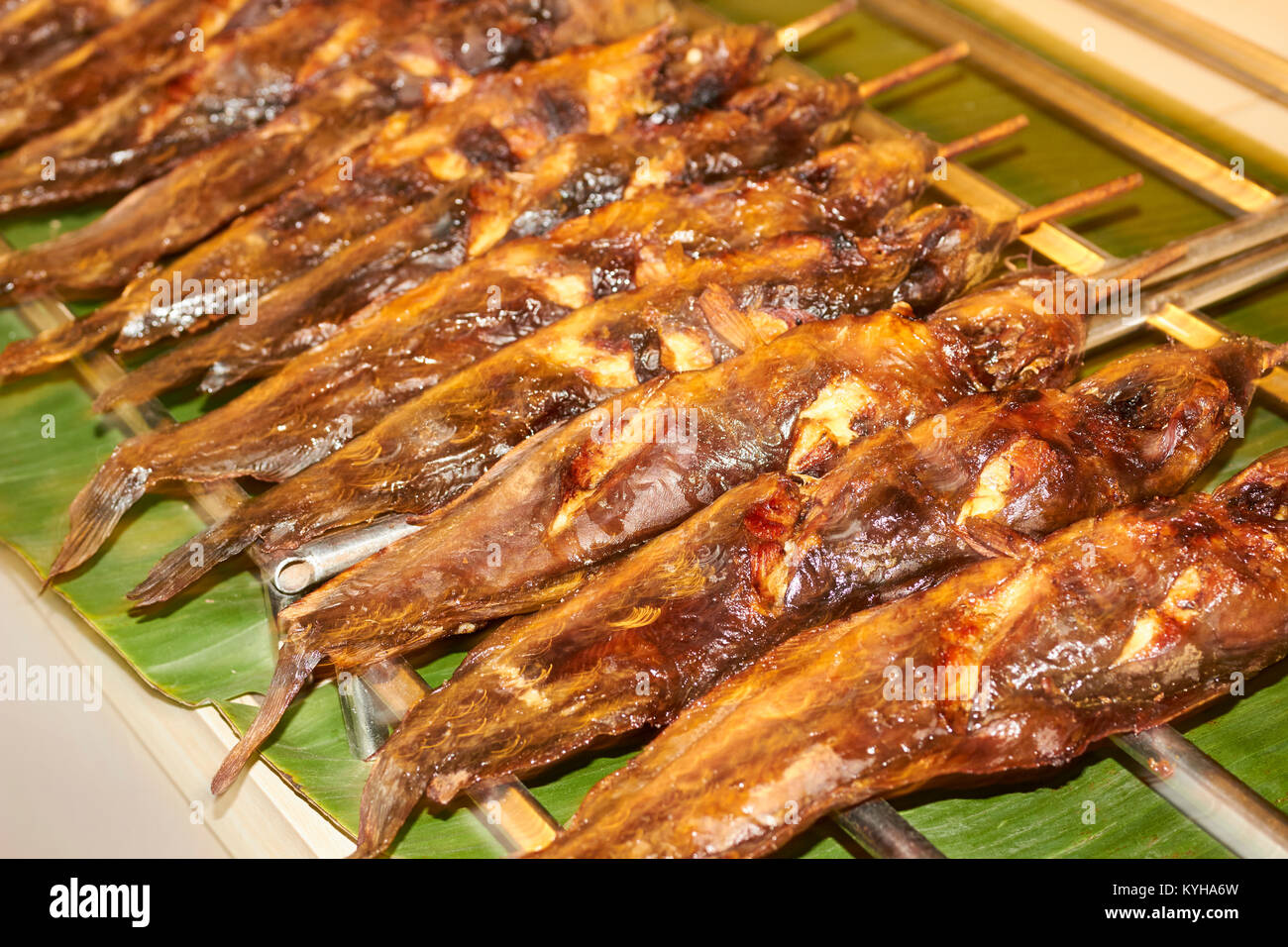 skewered, grilled snake head fish Stock Photo - Alamy