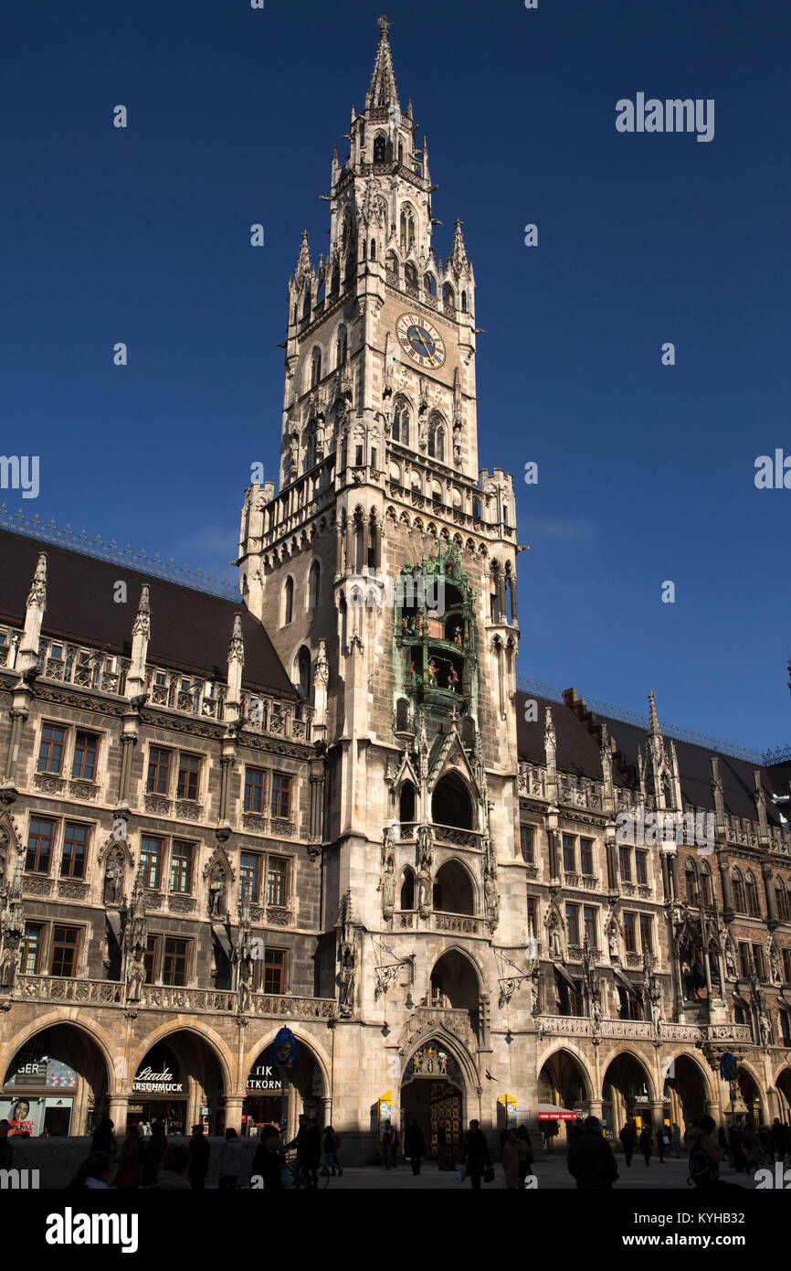 Clock tower of the New Town Hall (Neues Rathaus) in Munich, Germany. As ...