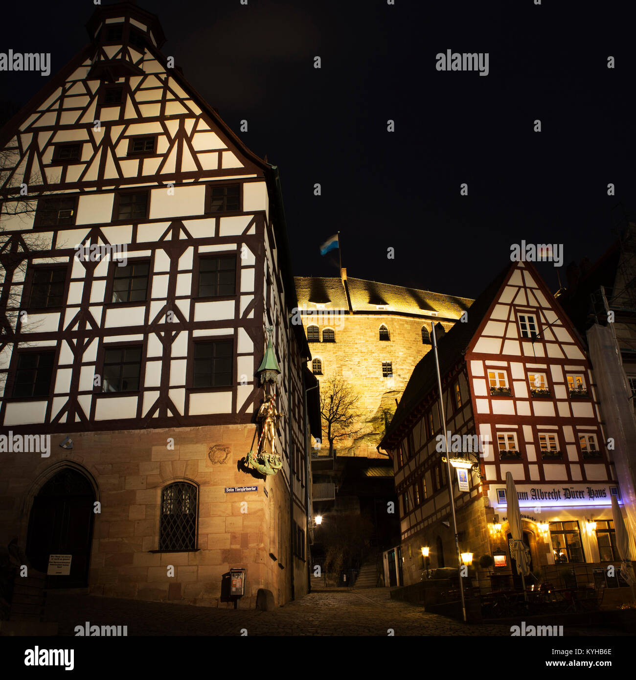 Half-timbered buildings at night in Nuermberg, Germany. The half ...
