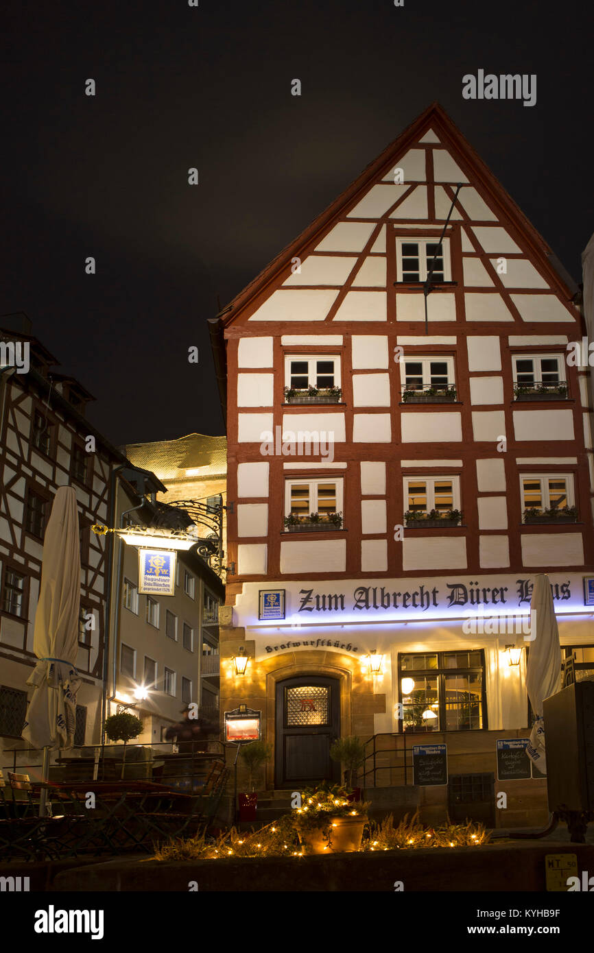 Half-timbered building at night in Nuremberg, Germany. The building in ...