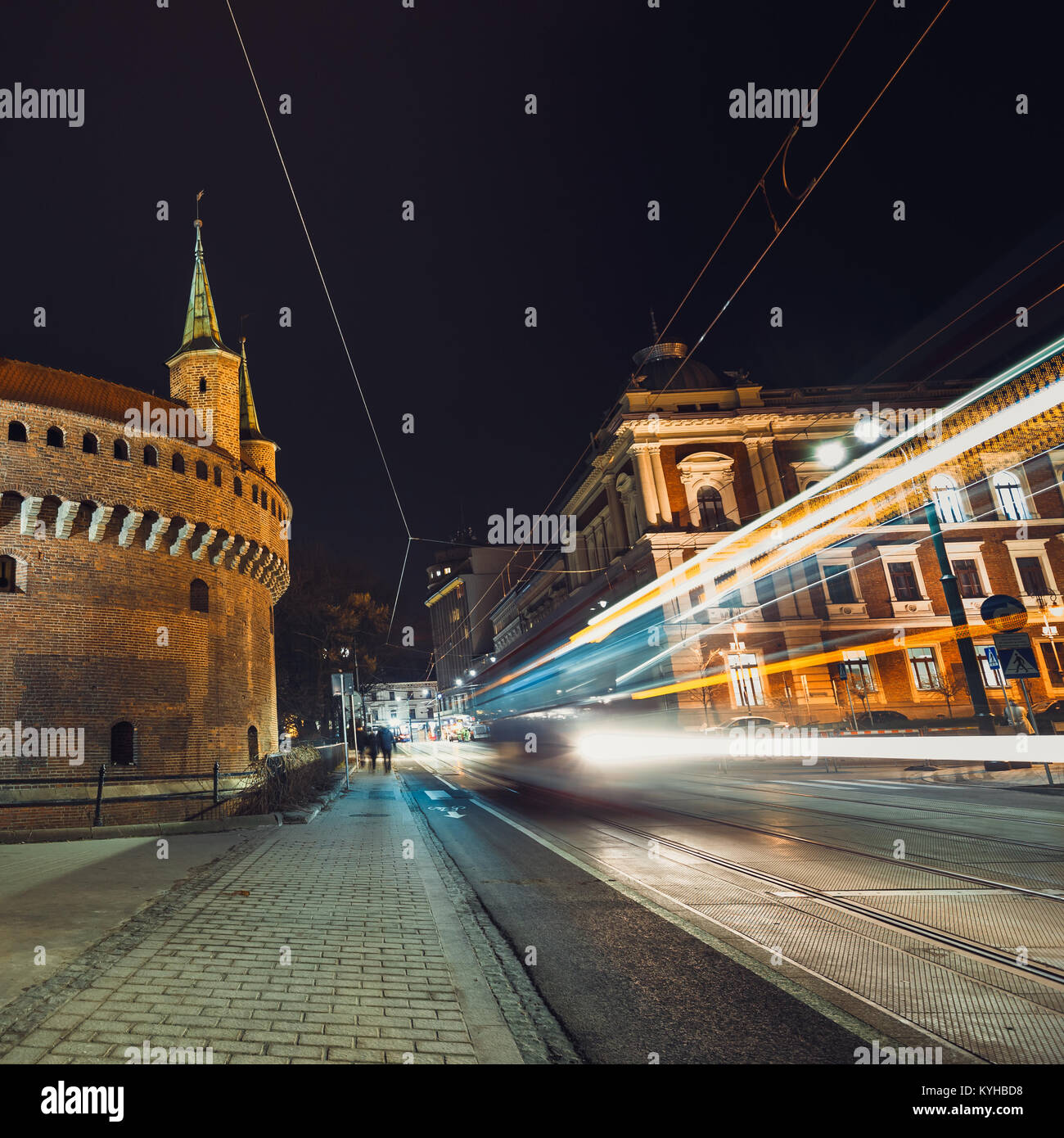 Barbican fortress in the historic center of Krakow at night, Poland ...