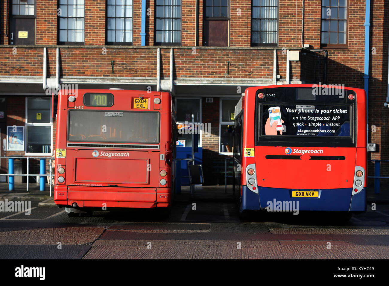 Two buses parked at Chichester Bus Station in West Sussex, UK Stock ...
