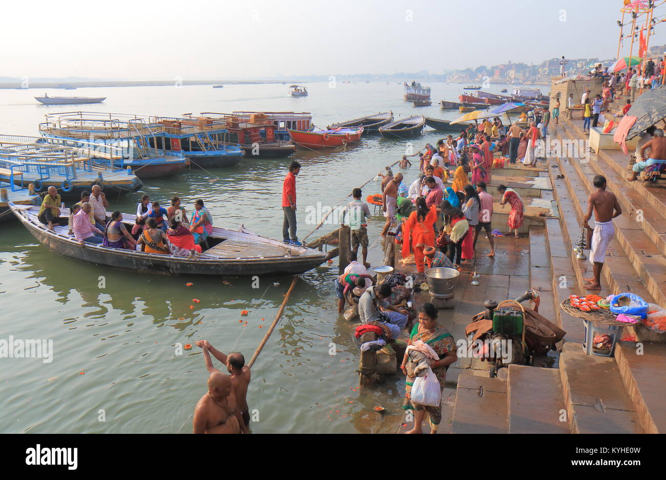 People pray in Ganges river ghat in Varanasi India Stock Photo - Alamy