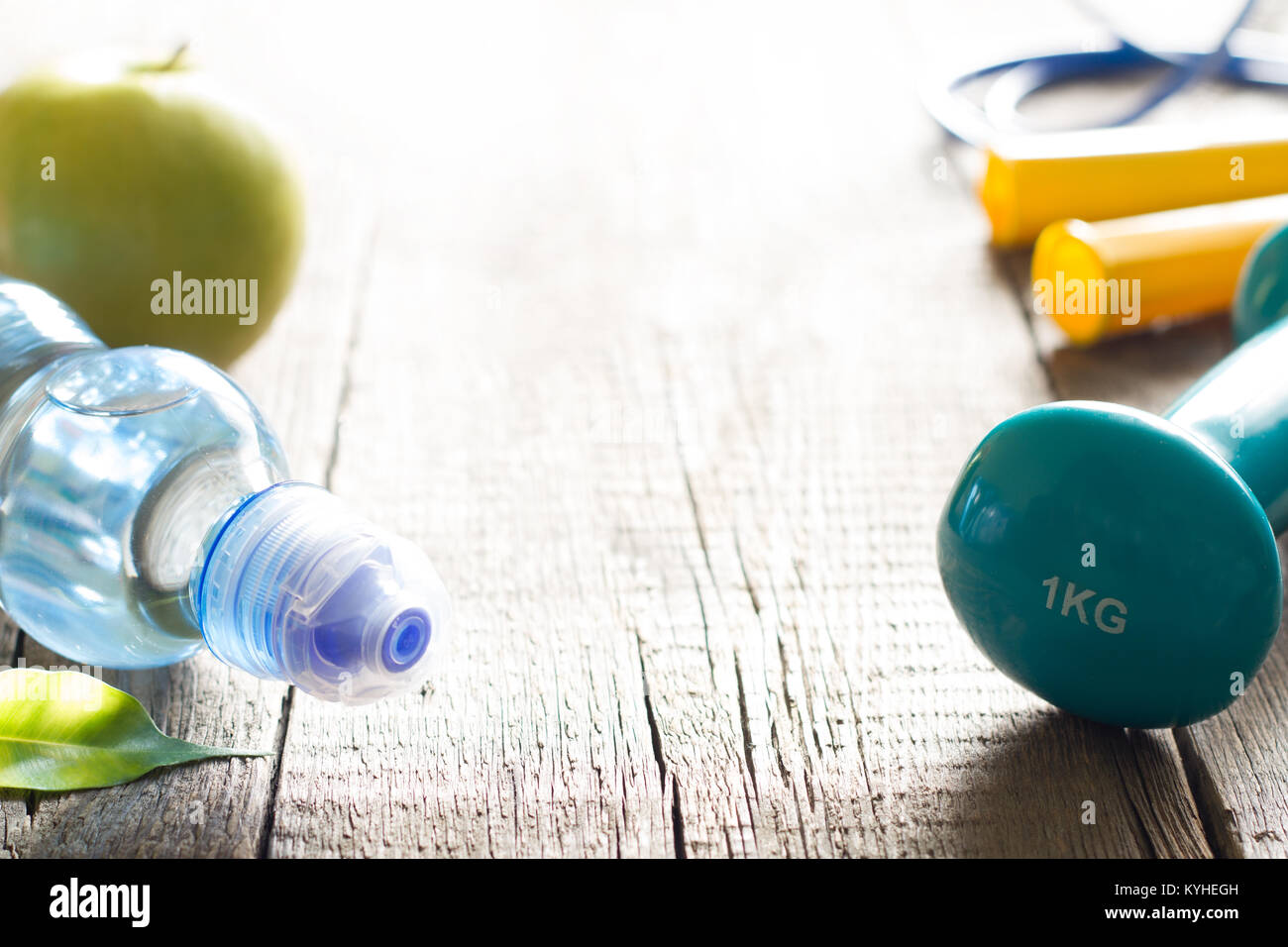 Fitness diet fit background concept with water and gym equipment Stock ...