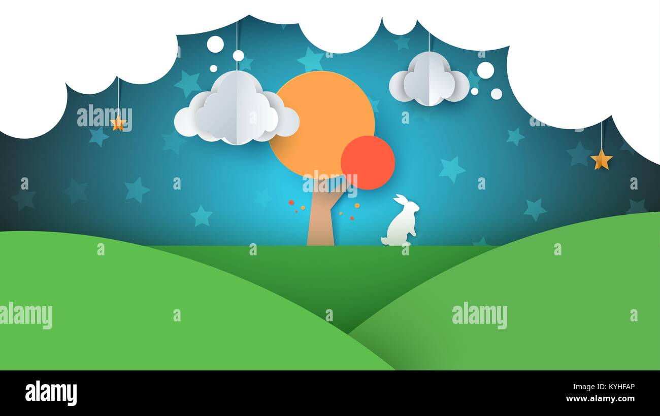 Cartoon paper landscape. Rabbit illustration. Tree, cloud, sky, star ...