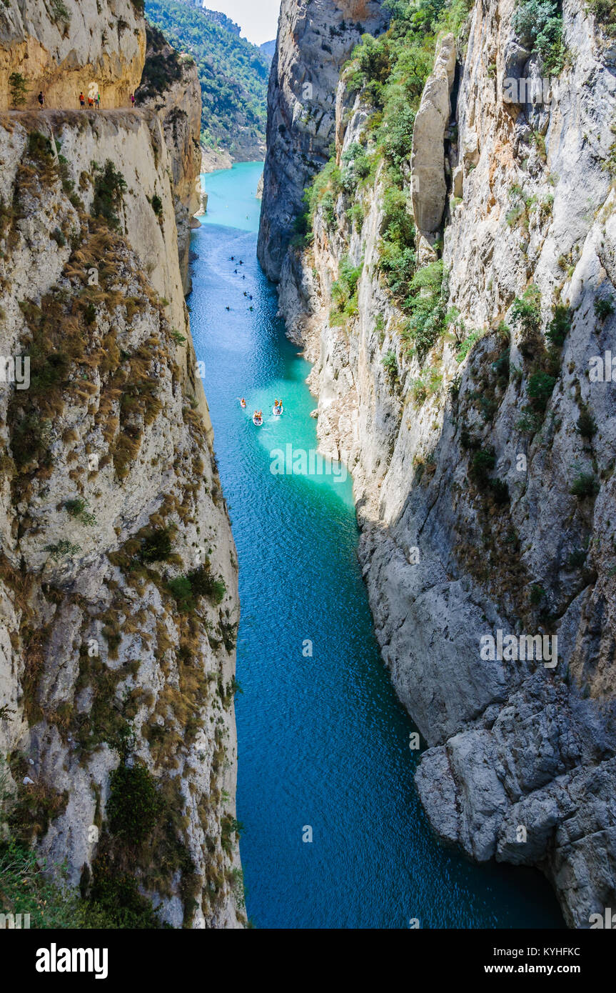 Aerial view of the Congost de Mont-rebei gorge and kayakers in ...