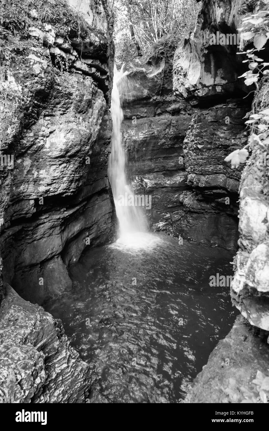 Waterfall flowing turquoise pool Black and White Stock Photos & Images ...