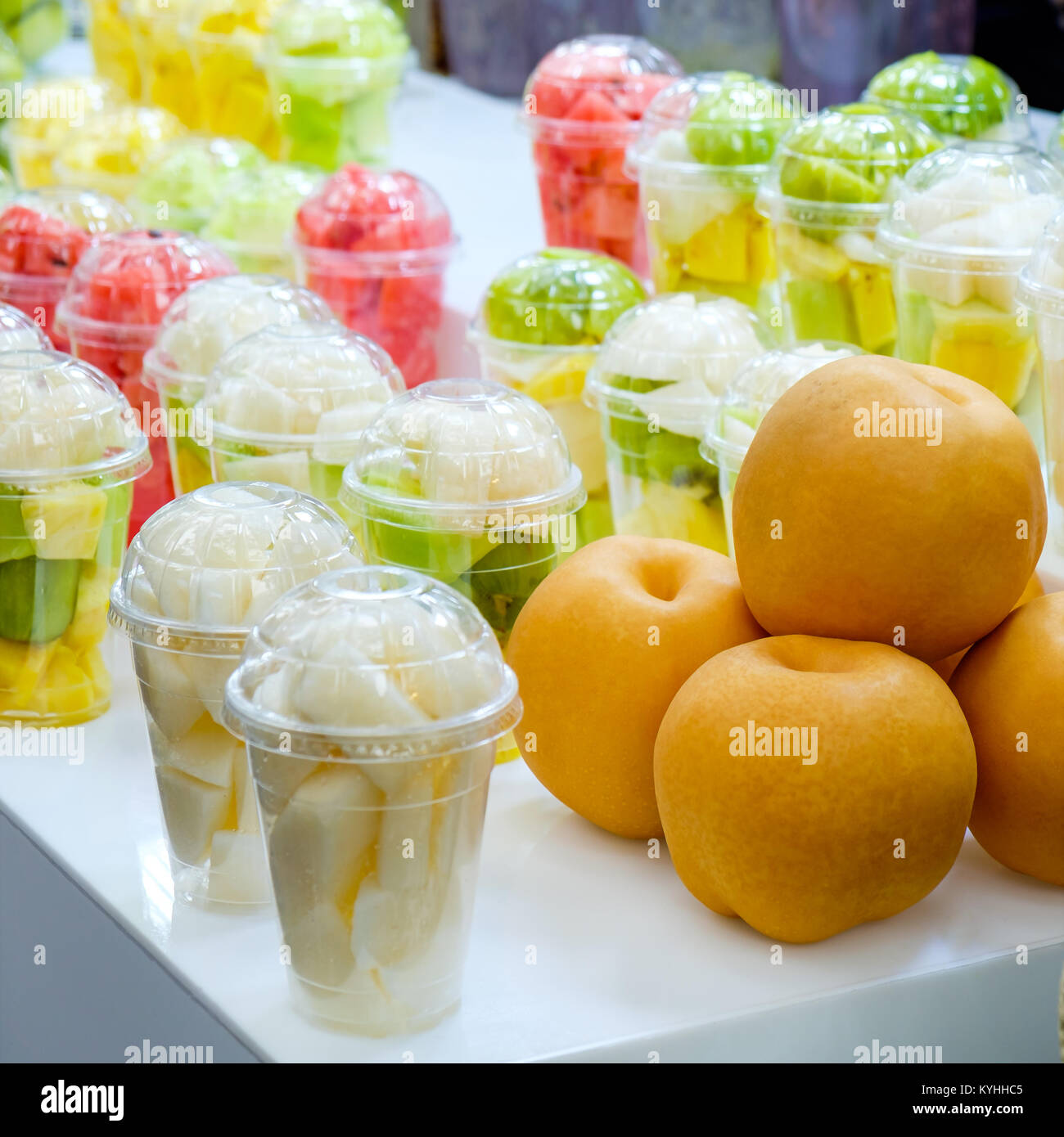 Fresh fruit Salad in plastic cups (Korean Street food Stock Photo - Alamy