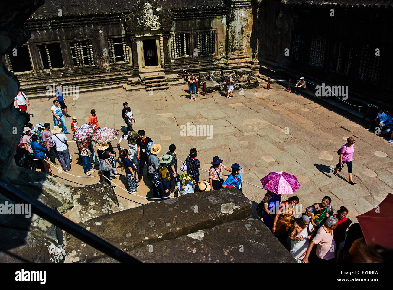 Historic building in Angkor wat Thom Cambodia with devatas carvings ...