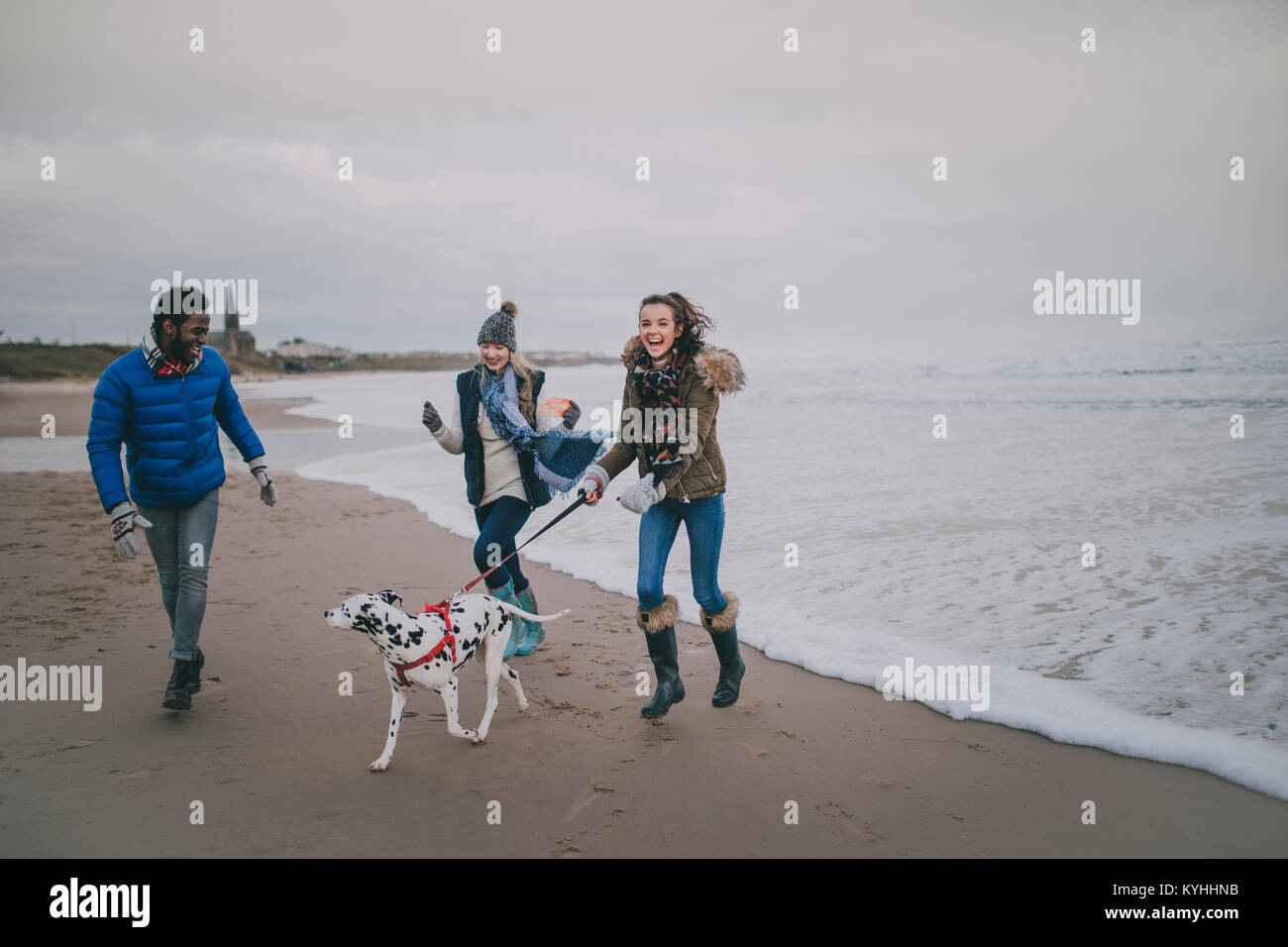 Three friends walk a dog along Tynemouth beach in winter Stock Photo ...