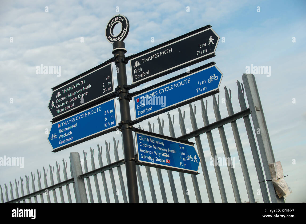 Signage for the Thames Path and the Thames Cycle Route on the south ...
