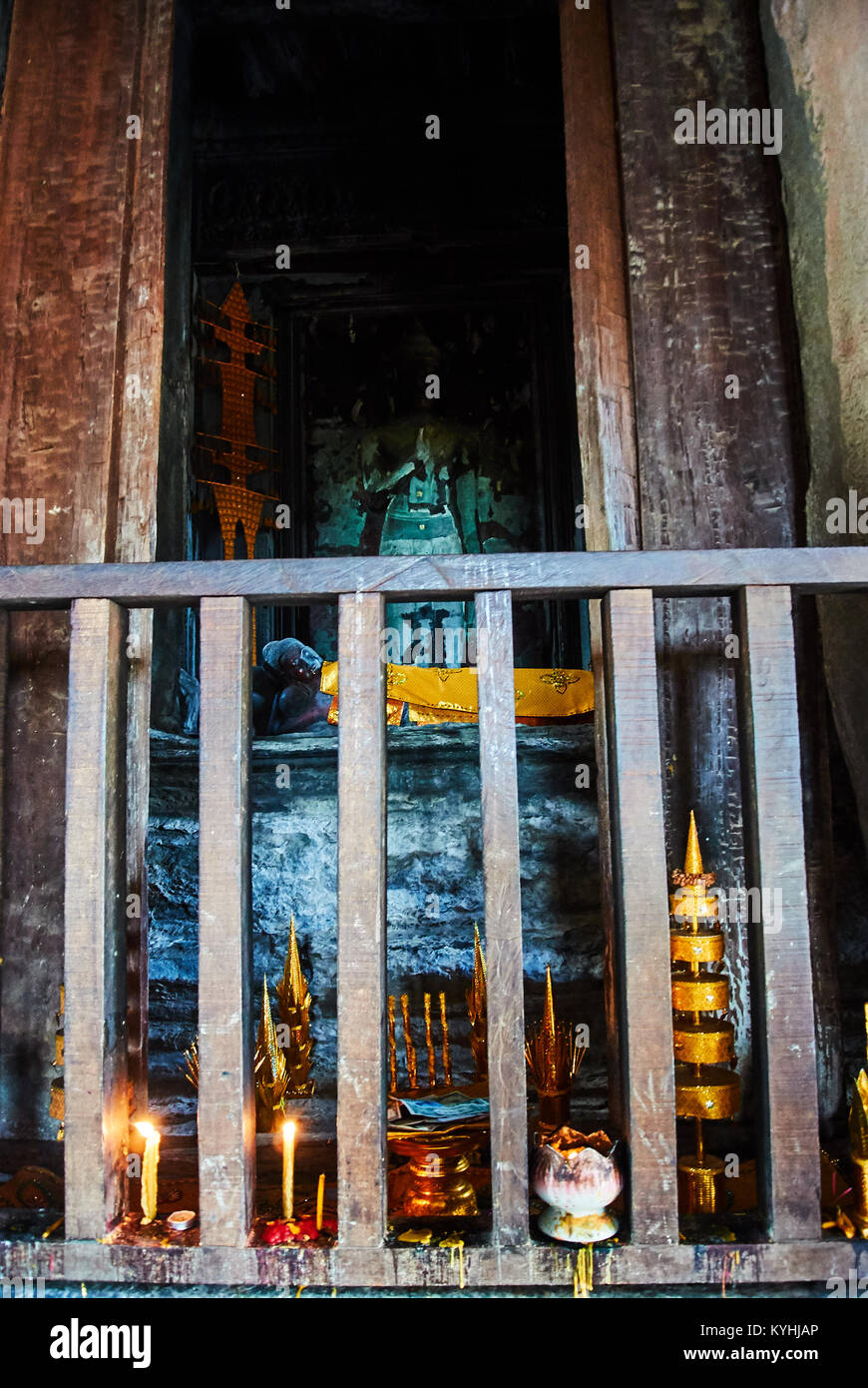 Historic building in Angkor wat Thom Cambodia with devatas carvings ...