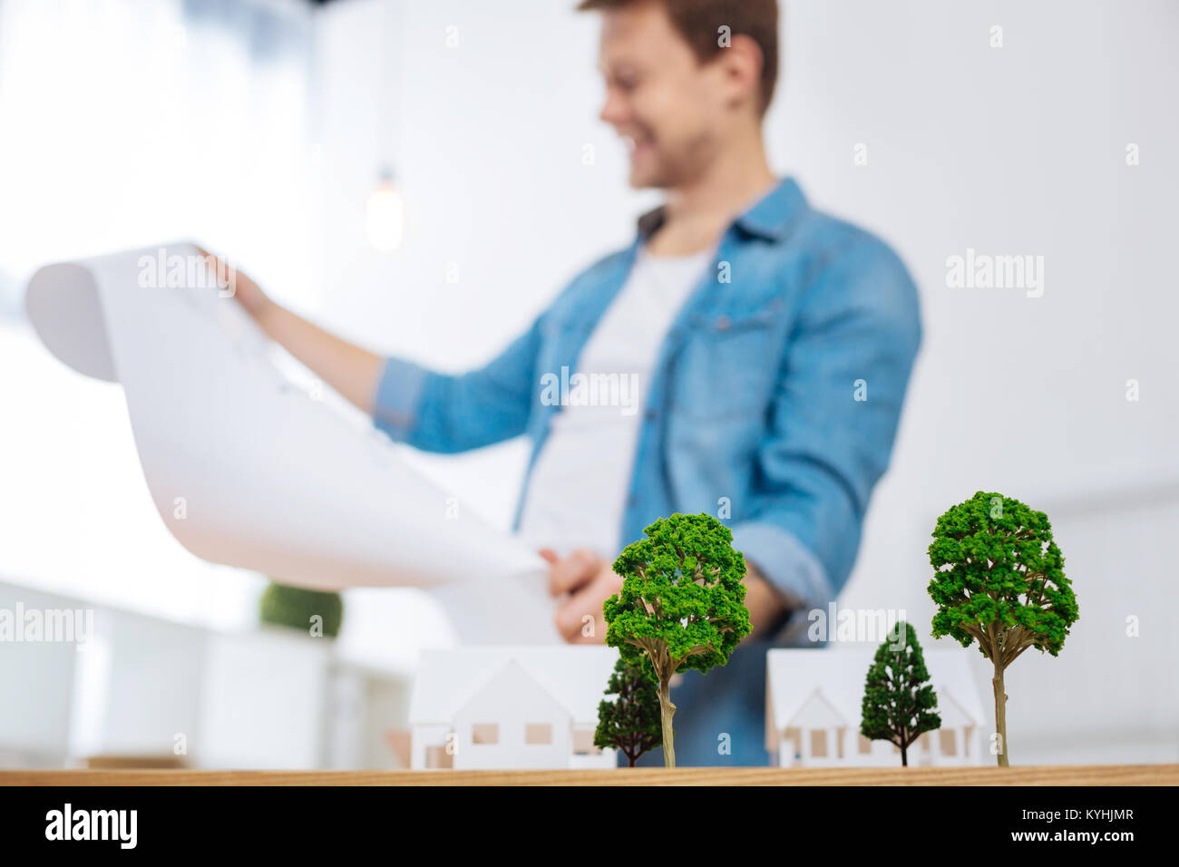 Positive engineer feeling ready for work while looking at the scheme ...