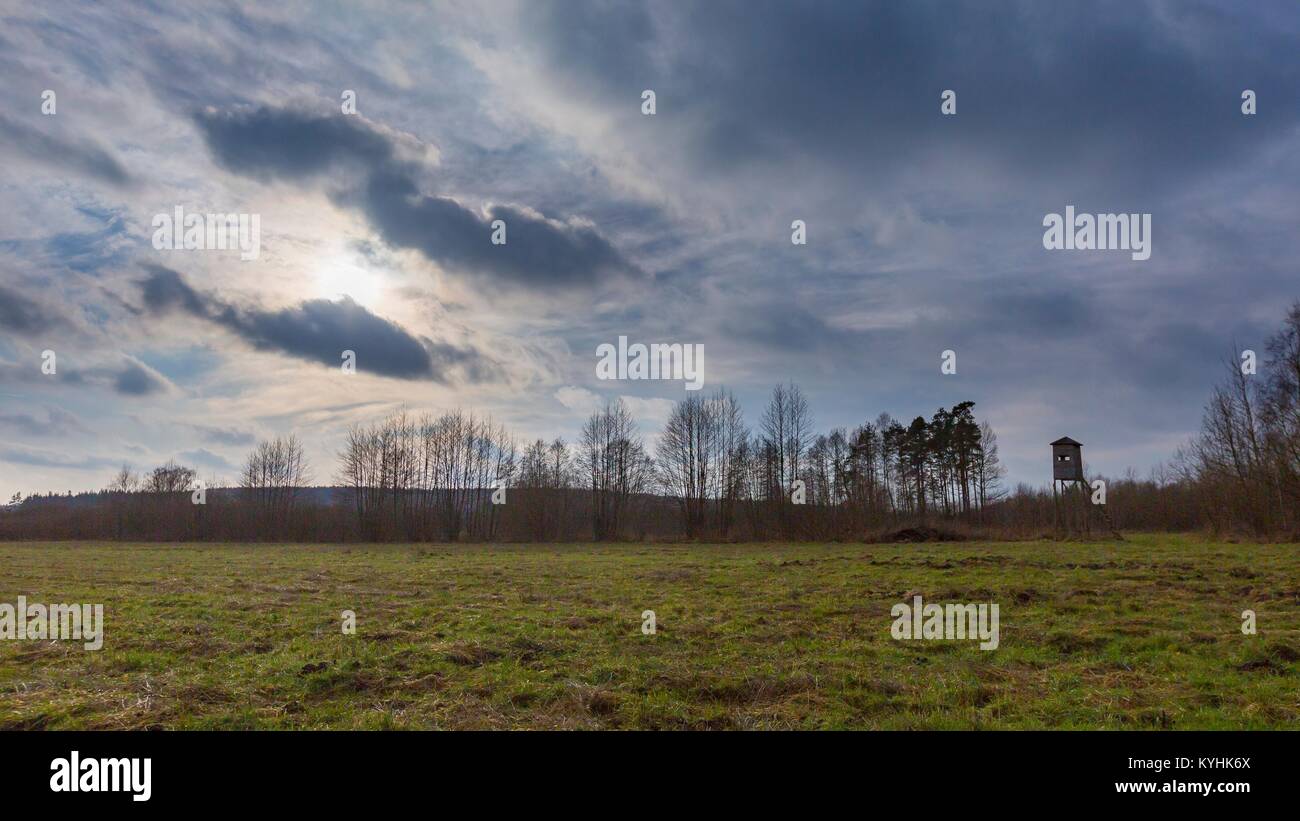 Meadow landscape with raised hide and trees under beautiful cloudy sky ...