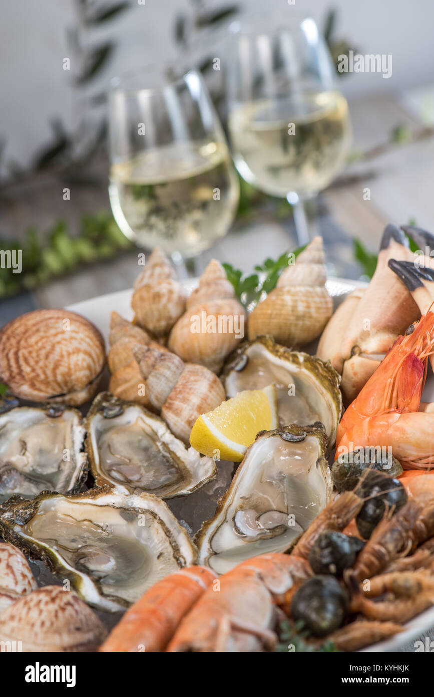 Fresh seafood platter with lobster mussels and oysters, France Stock ...
