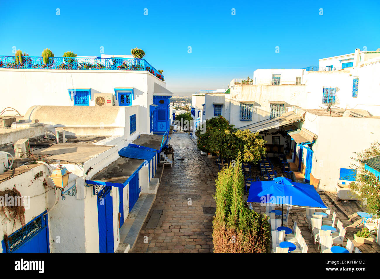 White-blue city of Sidi Bou Said, Tunisia. Eastern fairy tale with a ...