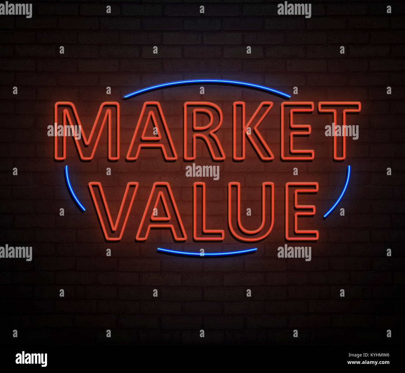 3d Illustration depicting an illuminated neon sign with a market value ...