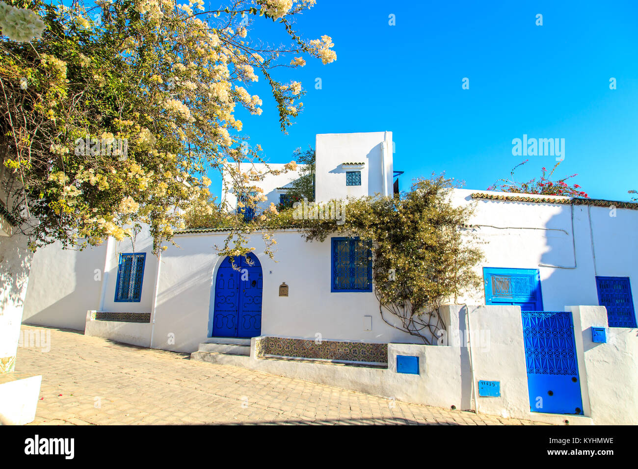 White-blue city of Sidi Bou Said, Tunisia. Eastern fairy tale with a ...