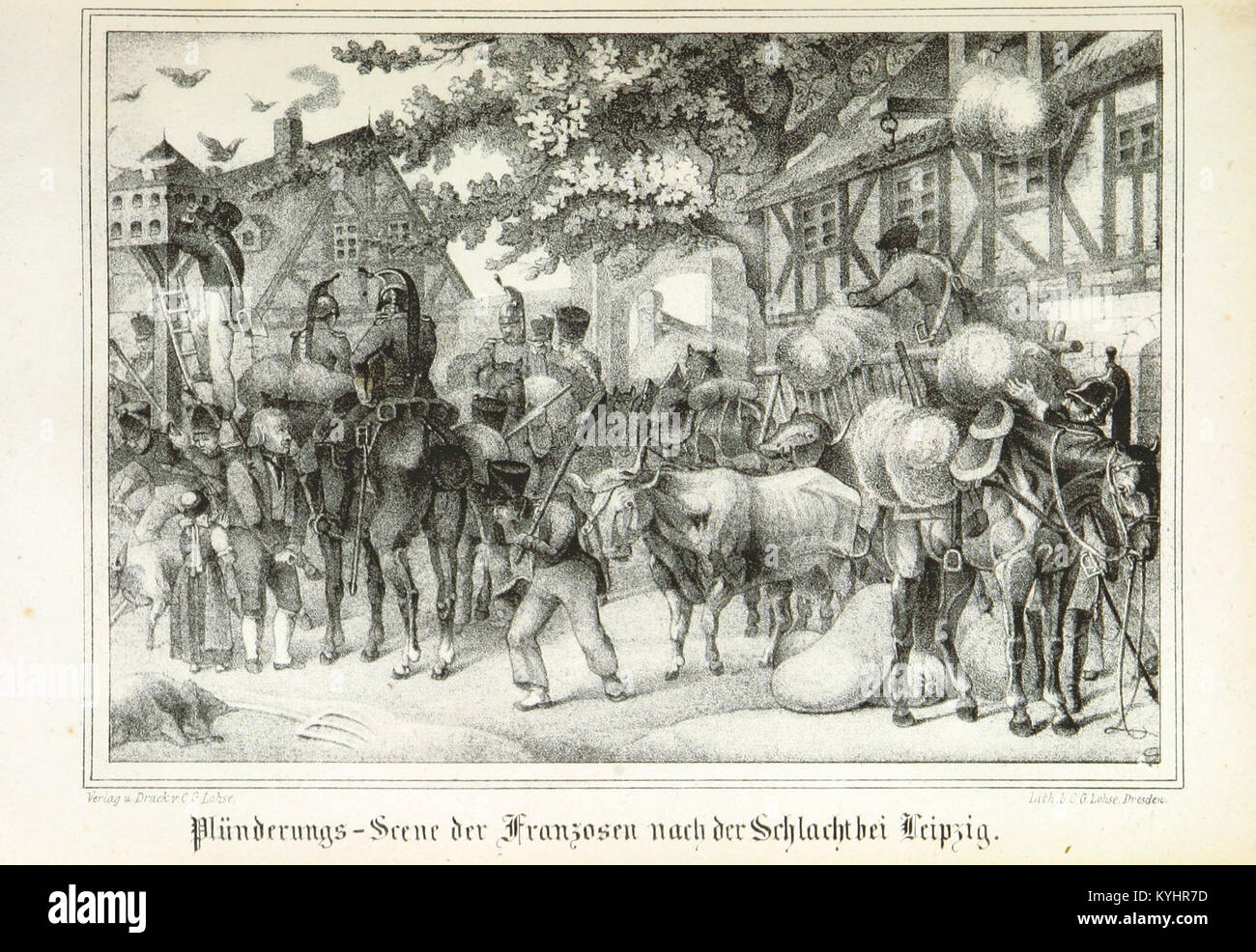 This illustration shows a scene of looting by French troops after the ...