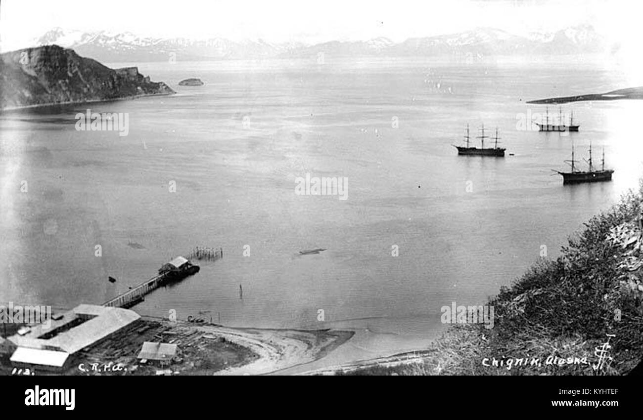 This image likely depicts a salmon cannery and bay in Chignik, Alaska ...