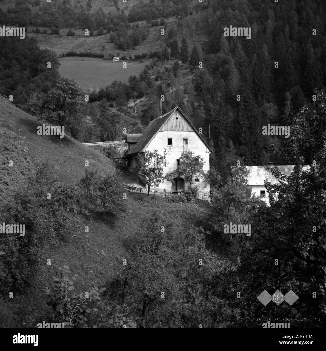 The image shows a solitary farmstead in Zakojska Gorge, Slovenia, in ...