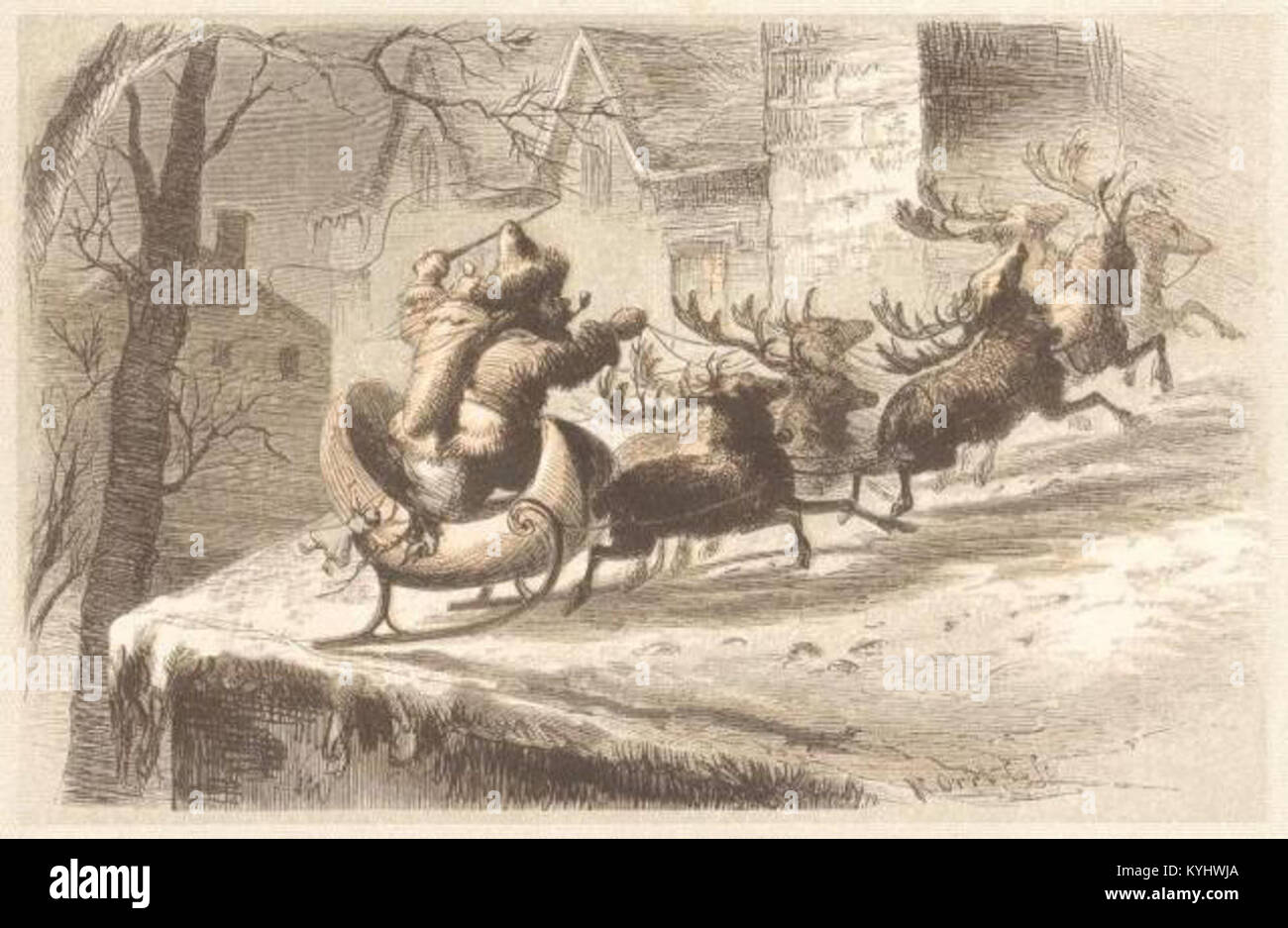 Santa's sleigh is depicted landing on a roof as part of the traditional ...