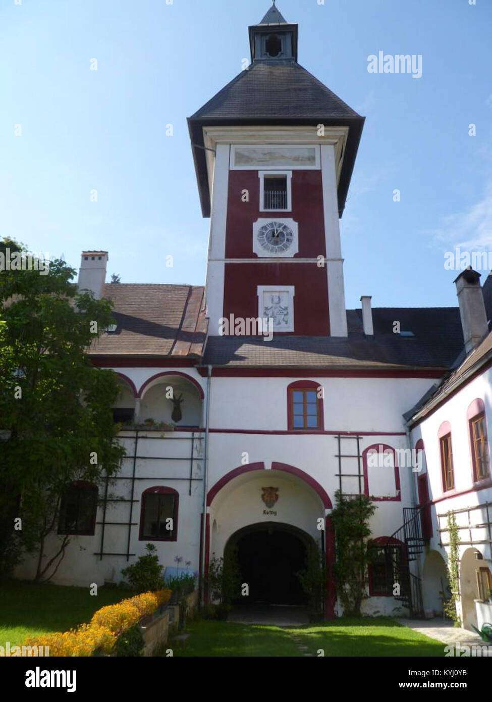 View of Schloss Weißenberg tower from the inner courtyard, showing ...