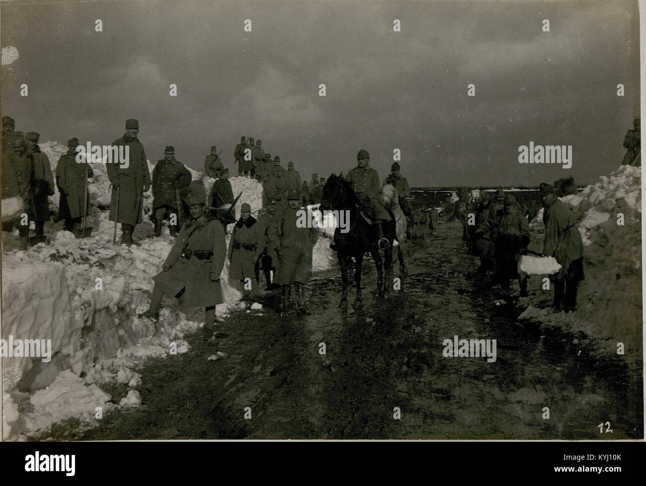 Snow clearing operations behind the frontline, showing military ...