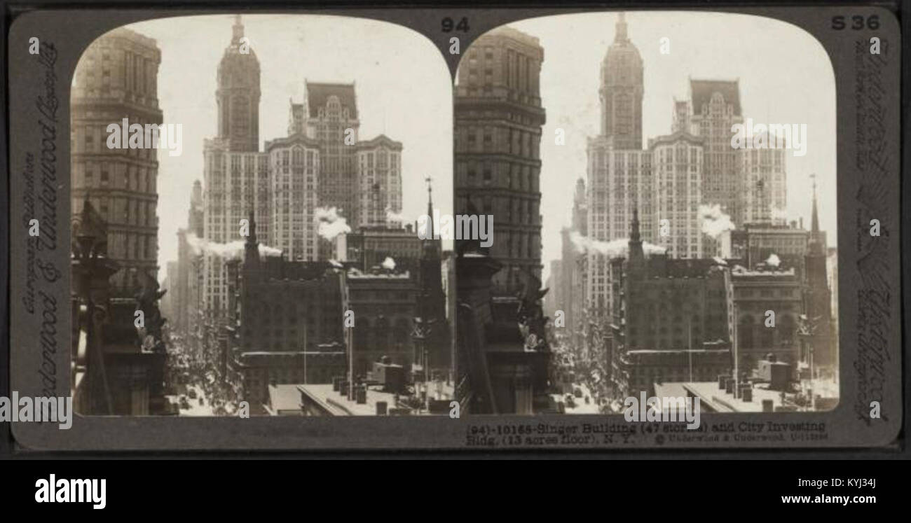 This stereoscopic view shows the iconic Singer Building (47 stories ...