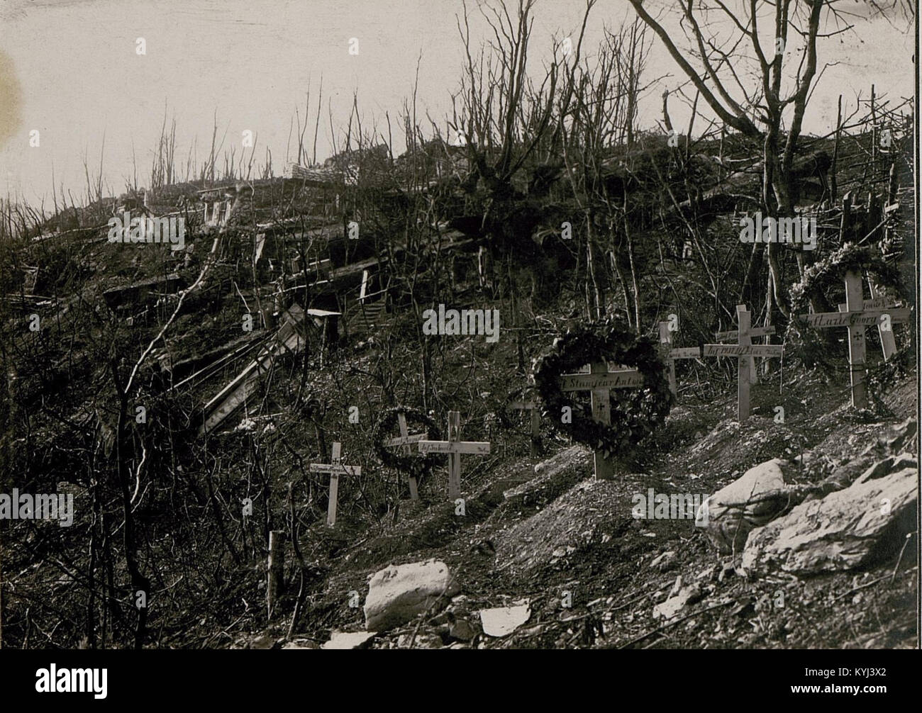 A historical photograph of a soldiers' cemetery and the shelters of the ...