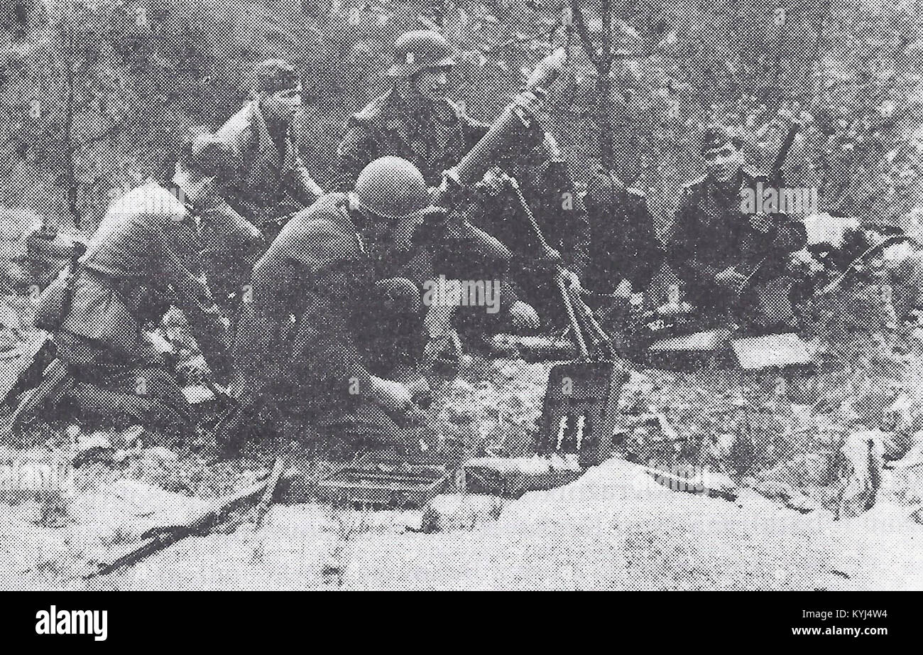 The image depicts a soldier with a mortar shelling partisan positions ...