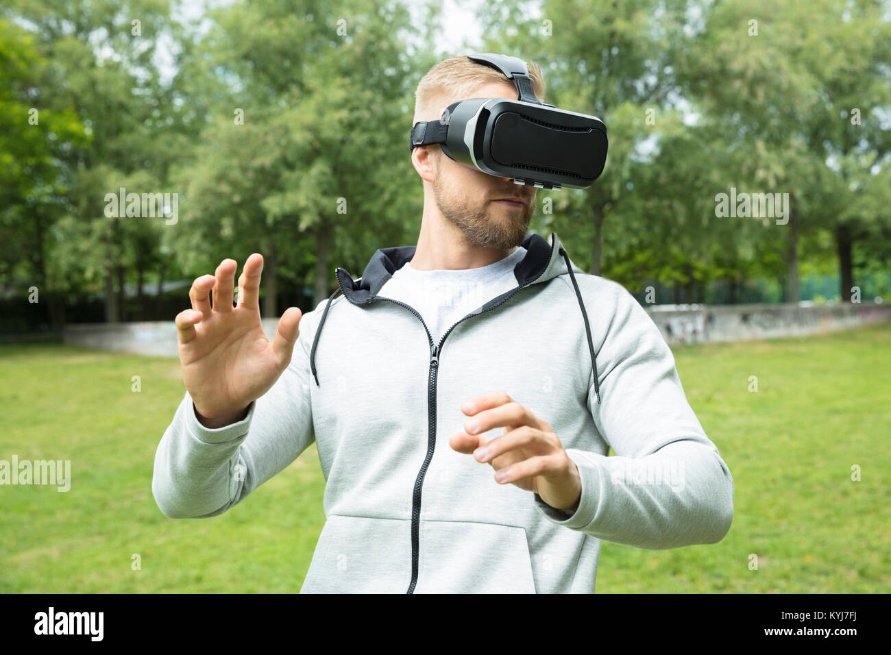 Close-up Of A Man Touching Something Using Virtual Reality Headset ...