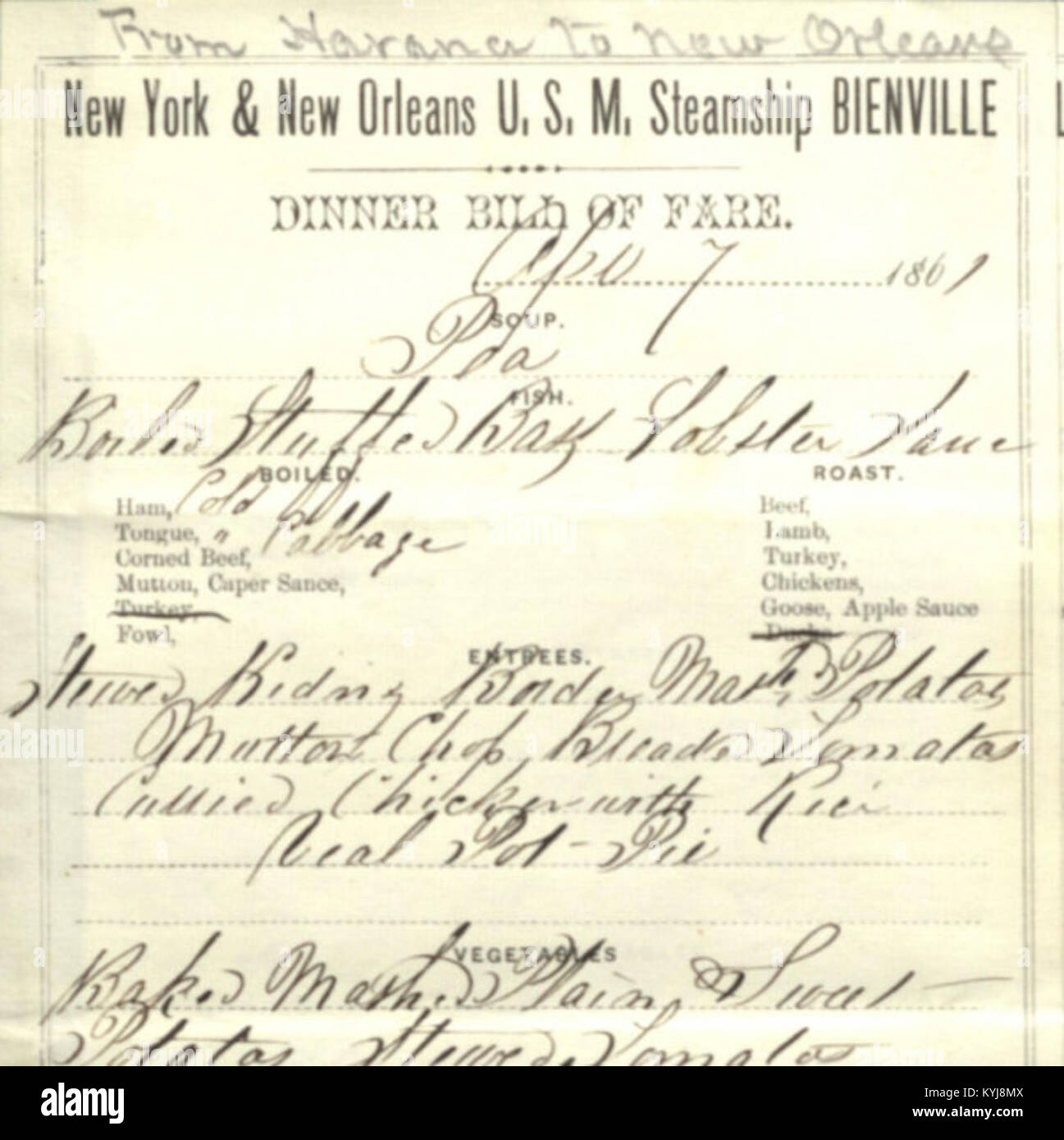 This 1861 menu from the steamship Bienville's on-board restaurant shows ...
