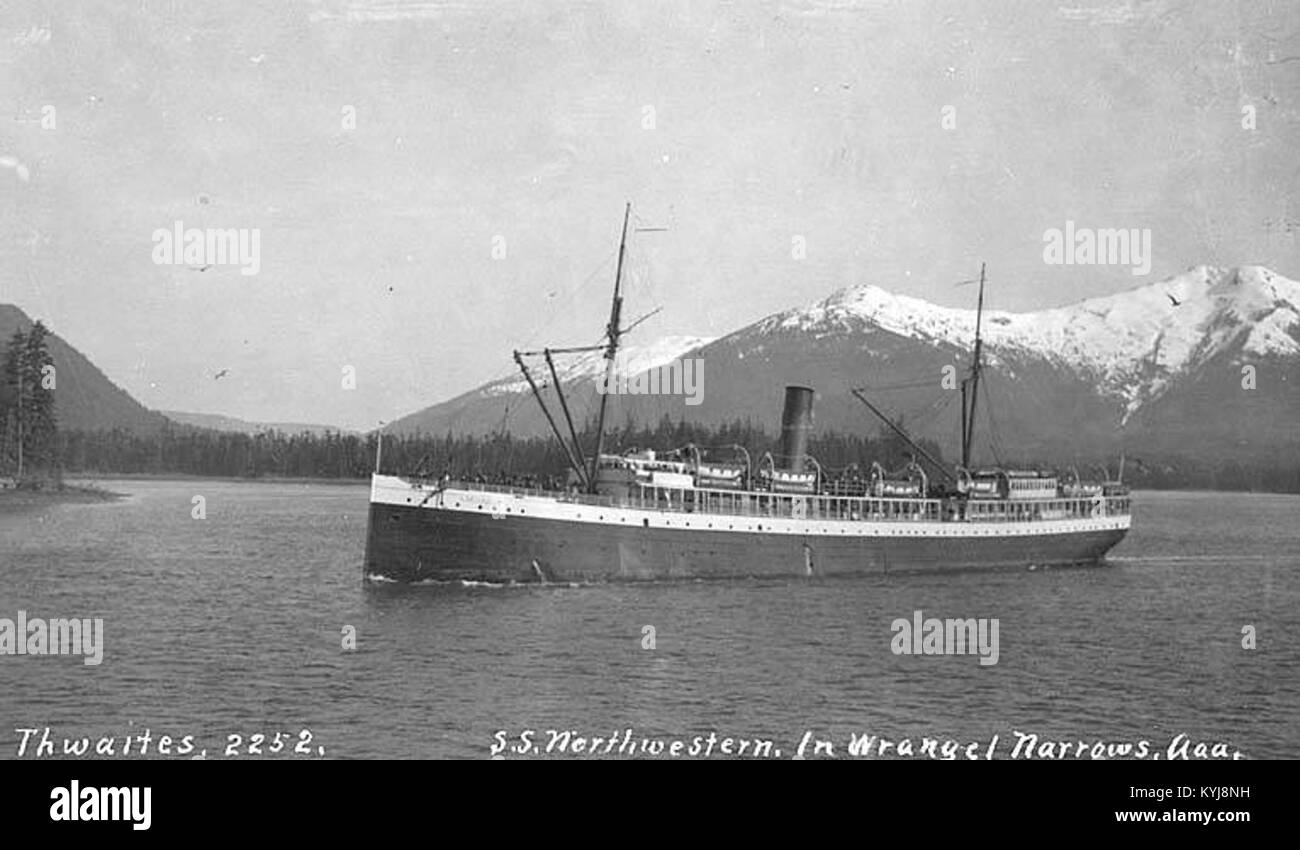 The steamship Northwestern is depicted navigating through Wrangell ...