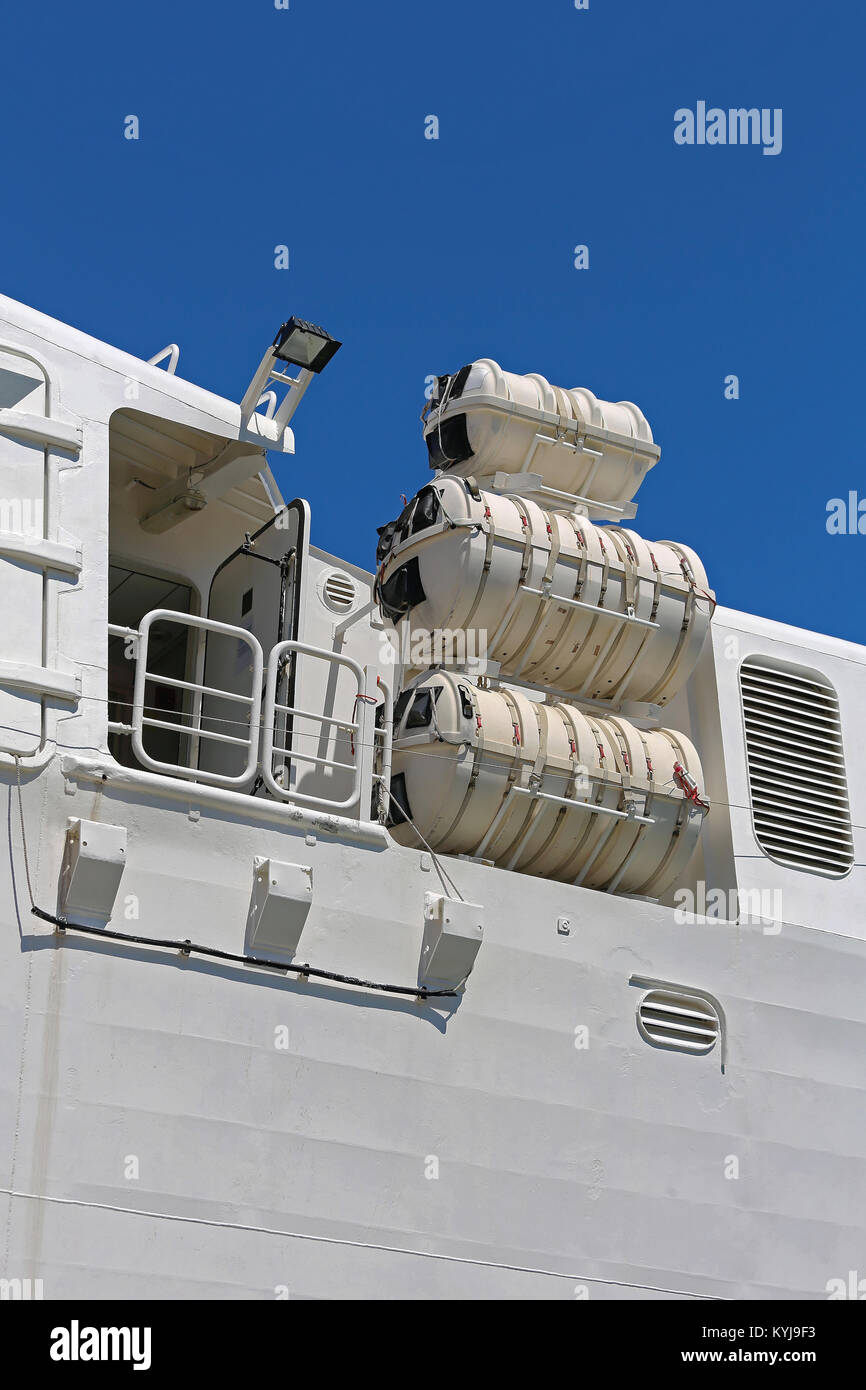 Inflatable Liferafts in Hard Shelled Canister at Big Ship Stock Photo ...