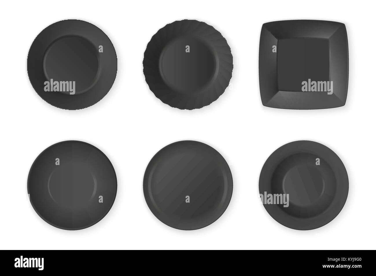 Realistic vector black food empty plate icon set closeup isolated on ...