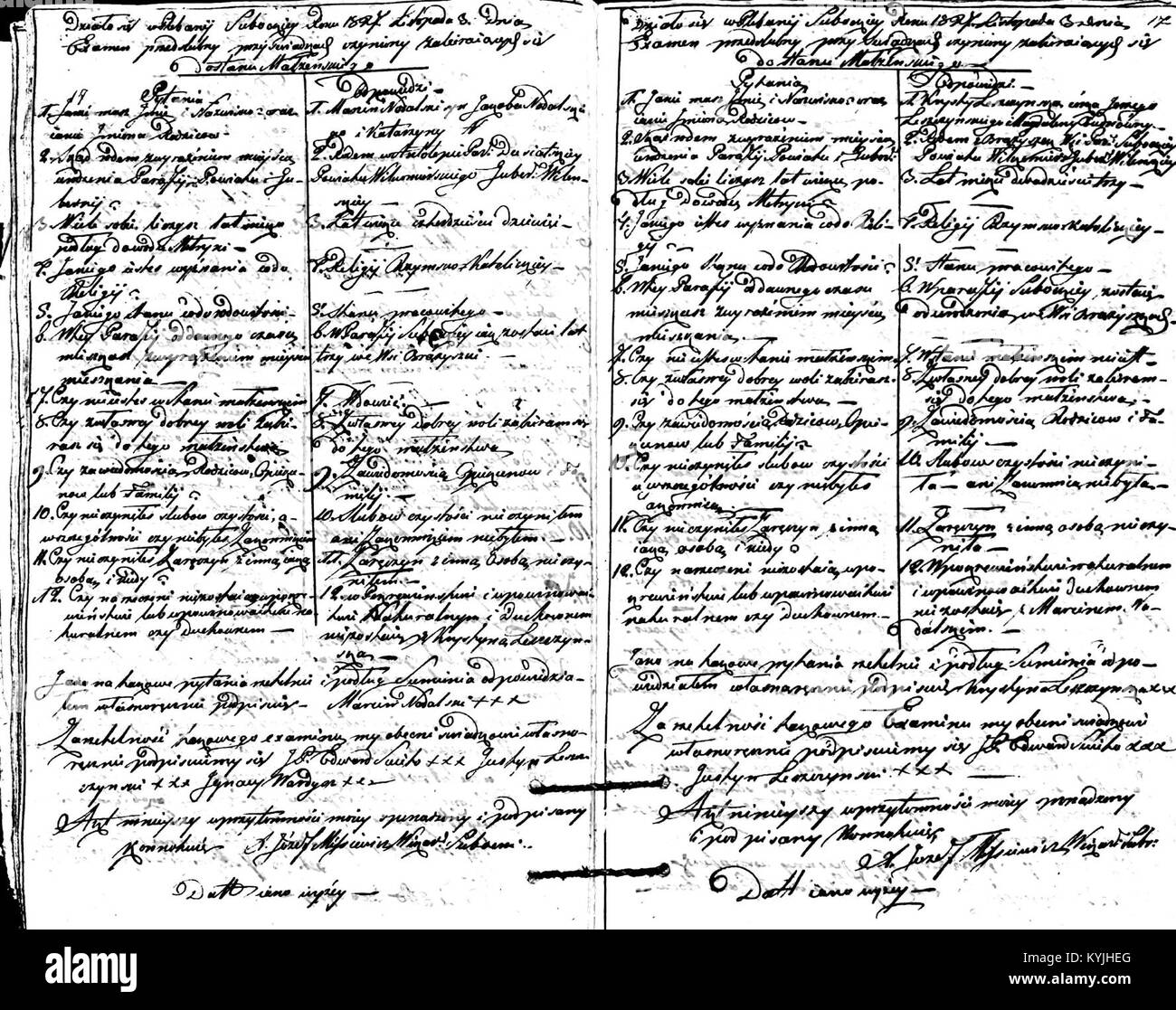 A historical document titled 'Subaciaus RKB 1827-1830 pre-marital survey book,' detailing pre ...