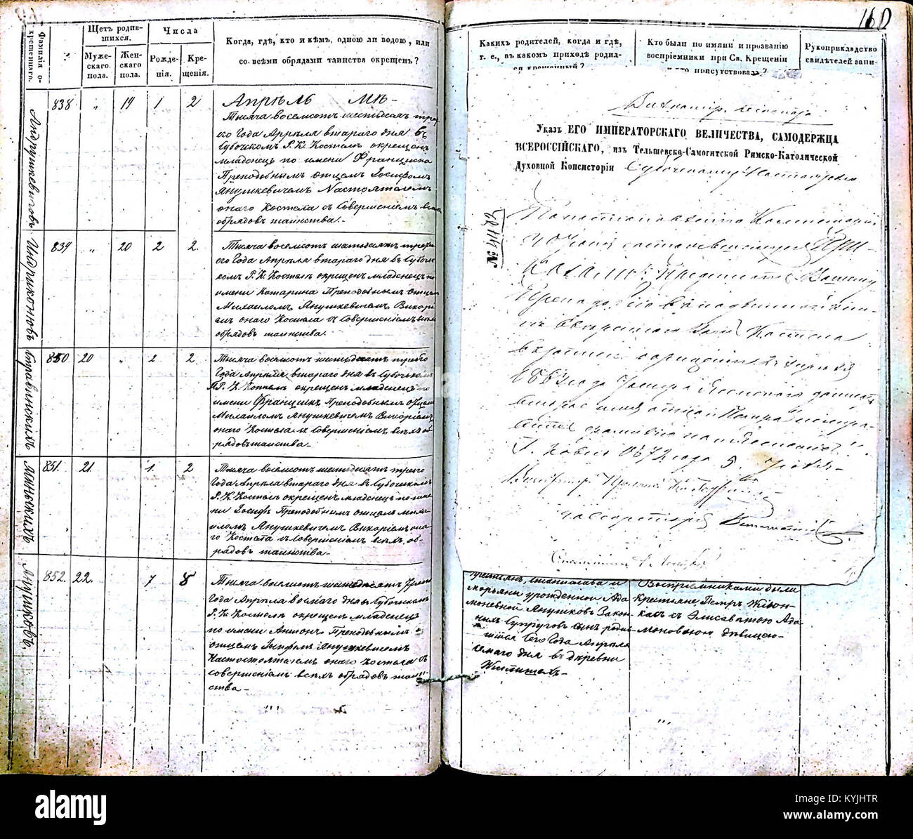 A historical baptismal register from the Subaciaus RKB, covering the ...