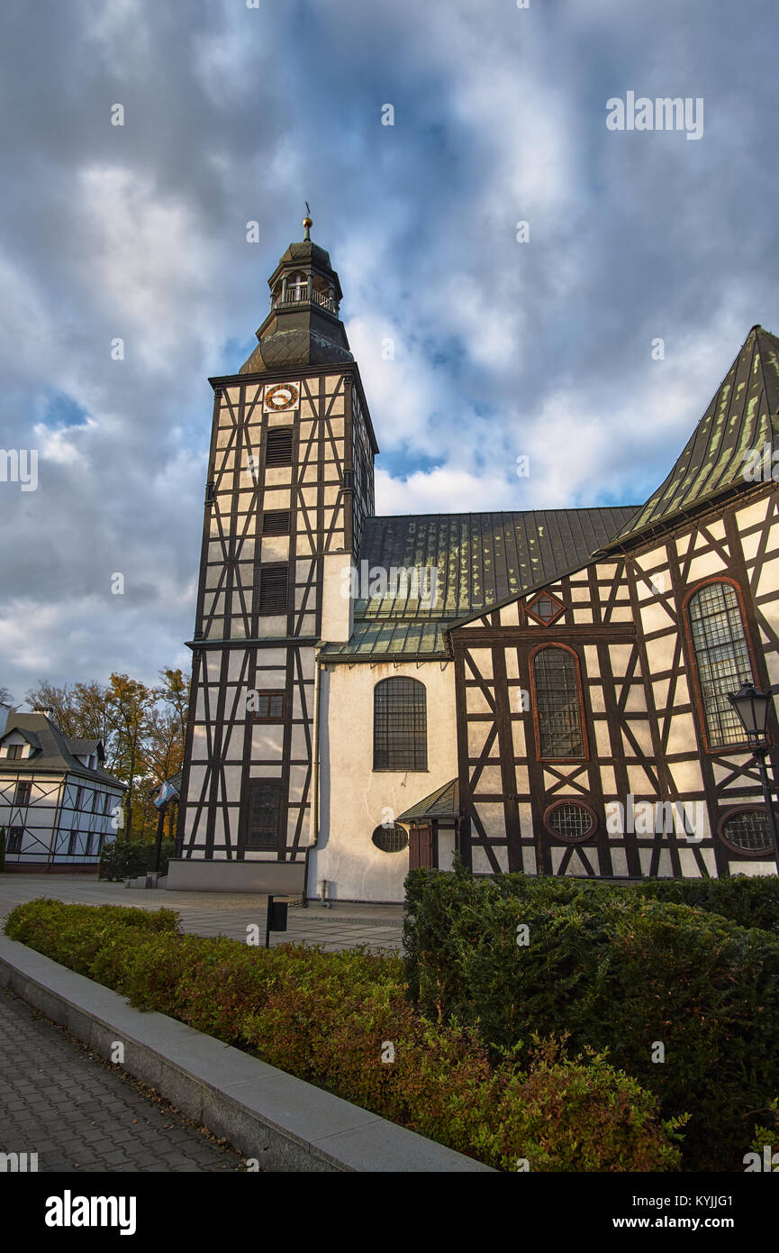 An Historic, half-timbered building of a Protestant church in Milicz ...