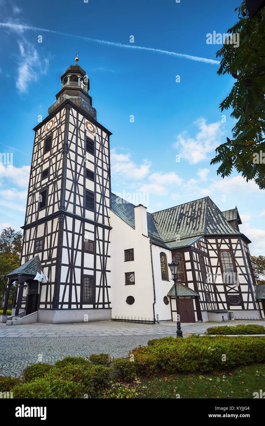An Historic, half-timbered building of a Protestant church in Milicz ...