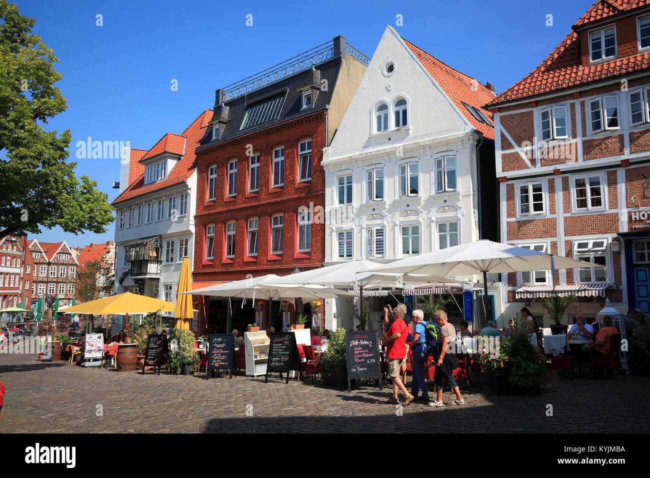Cafes at Fischmarkt in the historic harbor of Stade, Altes Land, Lower ...