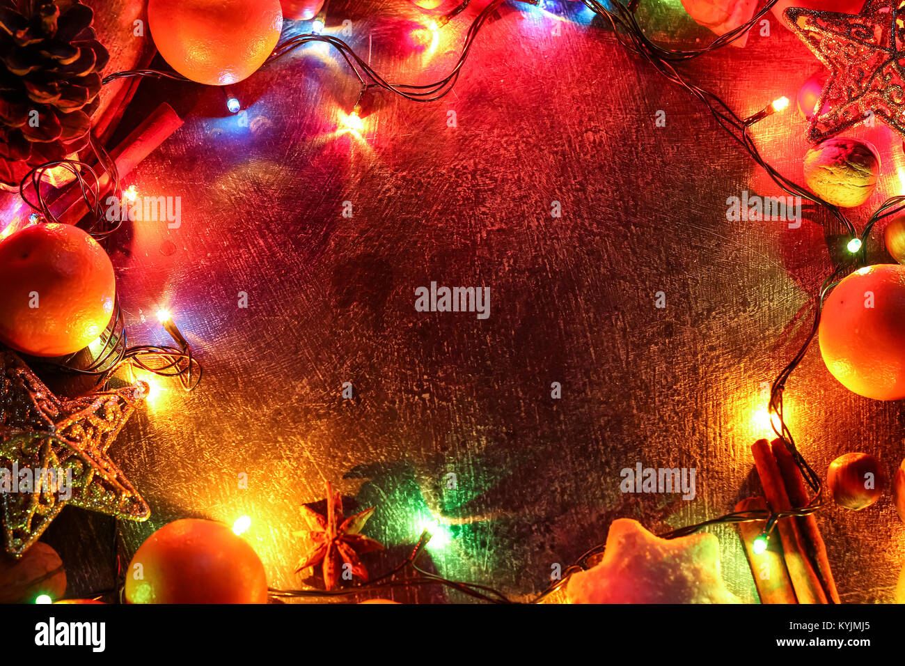 Background of Christmas decorations and gifts with multi-colored Stock ...