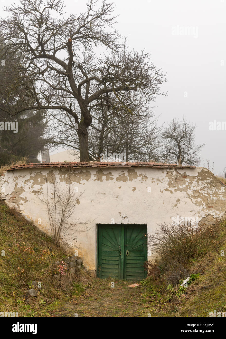 Entrance of a traditional Austrian Wine cellar on a cloudy day in ...