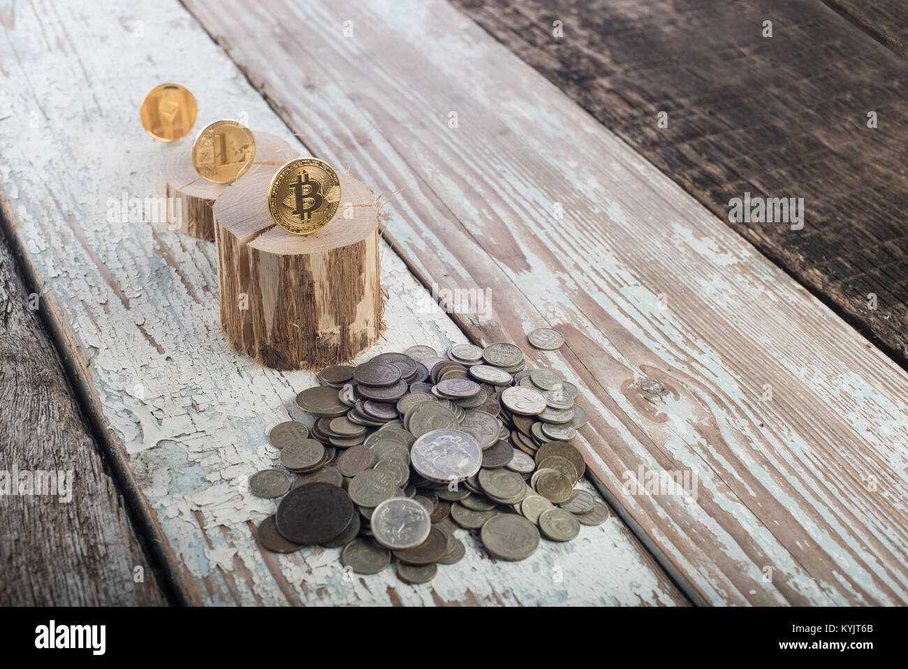 Bitcoin, litecoin ethereum and old coins, gold coins. Cryptocurrency ...