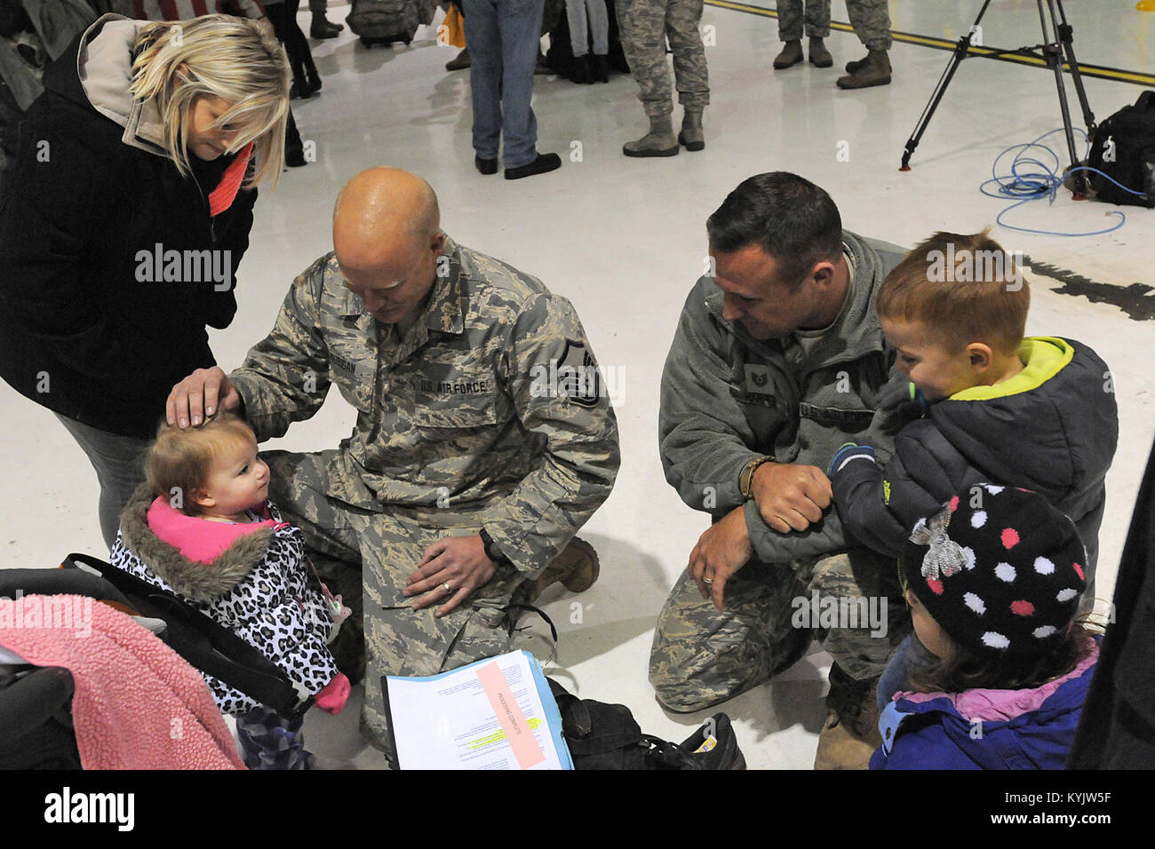 Master SGt. Matthew Hourigan (left) and Tech Sgt. Jacob Harper greet ...