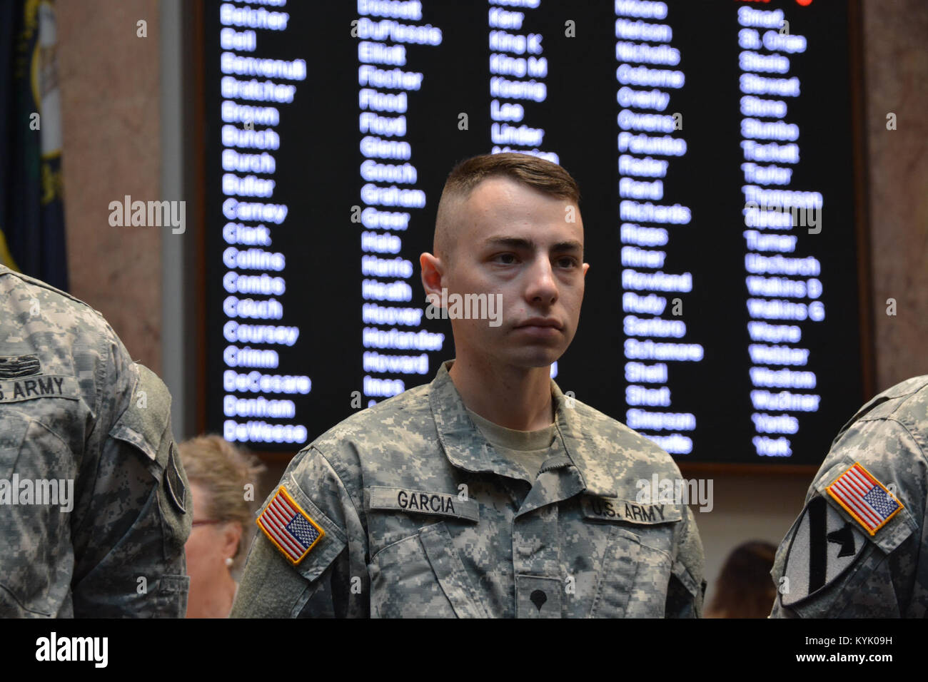 SPC Anthony Garcia from the 2123 Transportation Company Stands before the Senate Chamber during ...