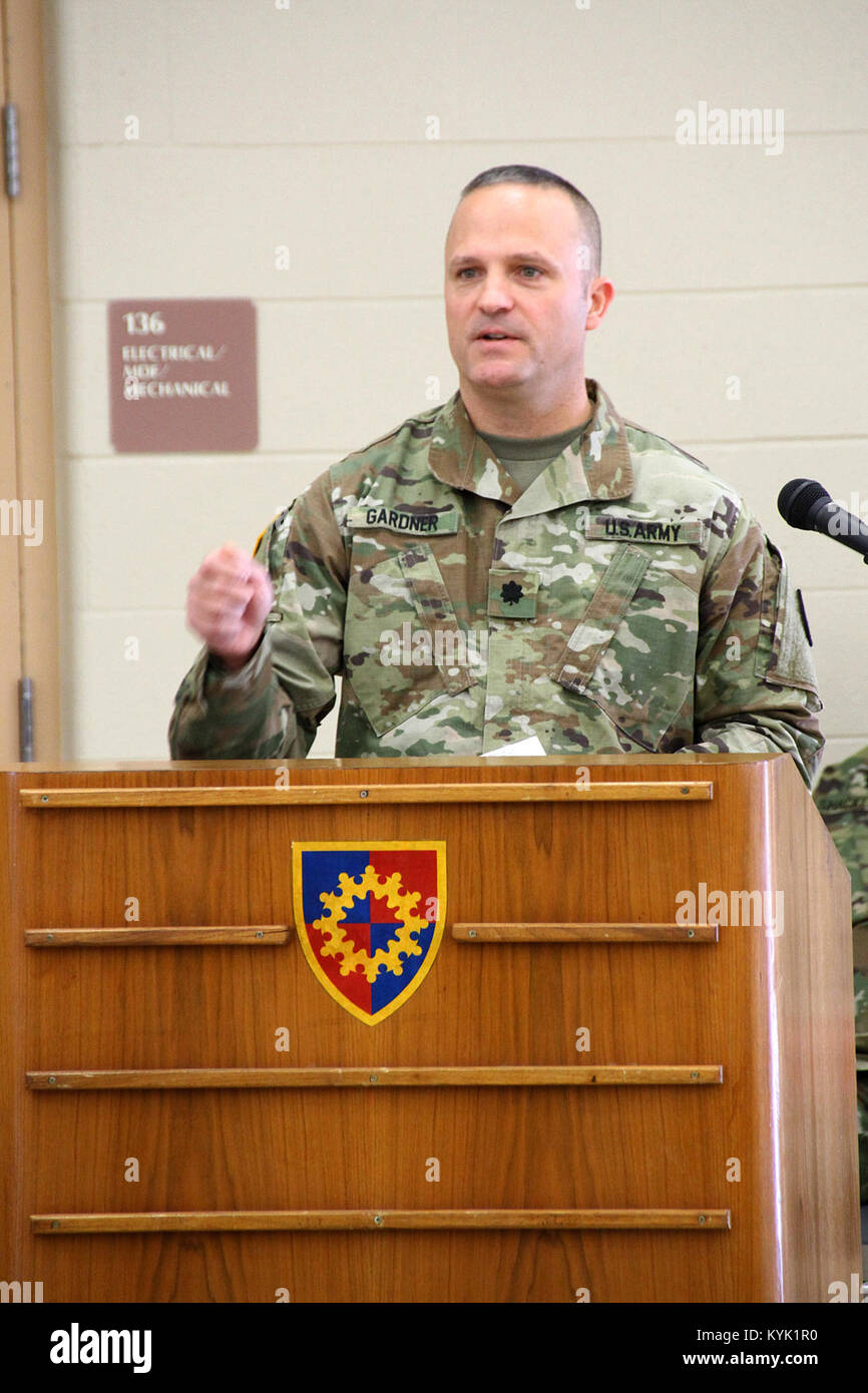 Lt. Col. Joseph Gardner speaks during a departure ceremony for the ...