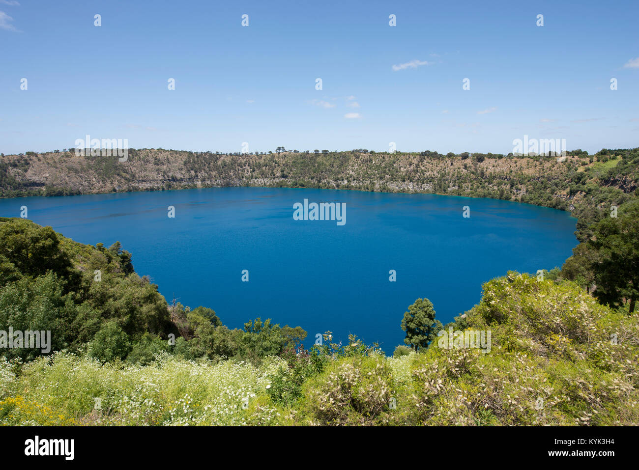 The Blue Lake at Mount Gambier in South Australia. It turns a vibrant ...