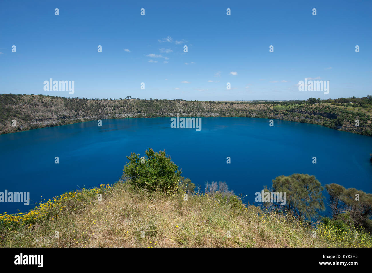 The Blue Lake at Mount Gambier in South Australia. It turns a vibrant ...