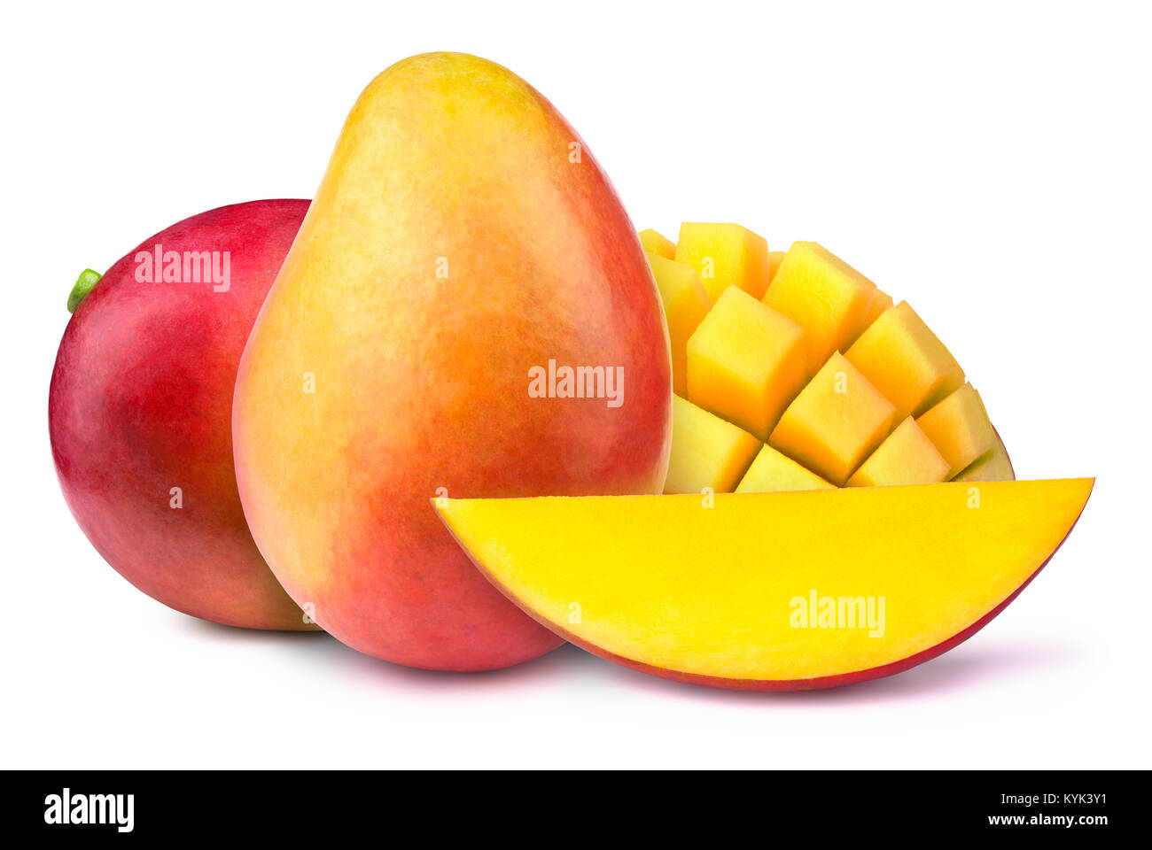 Two mangoes with slices to cubes isolated Stock Photo - Alamy